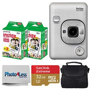 fujifilm instax mini liplay hybrid instant camera (stone white) + fujifilm instax instant film (40 shots) + 32gb mcirosdhc memory card + camera/video case + photo4less cleaning cloth – deluxe bundle