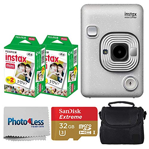 Fujifilm Instax Mini LiPlay Hybrid Instant Camera (Stone White) + Fujifilm Instax Instant Film (40 Shots) + 32GB mciroSDHC Memory Card + Camera/Video Case + Photo4Less Cleaning Cloth – Deluxe Bundle