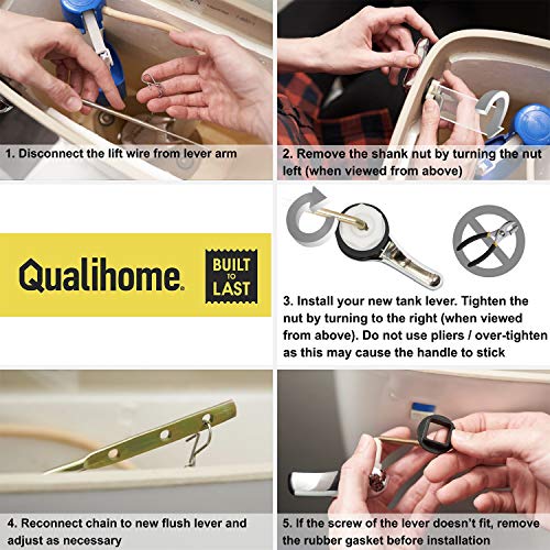 Qualihome Brushed Nickel Toilet Tank Flush Lever Handle, Universal Front Mount with Nut Lock, Fits Most Toilets