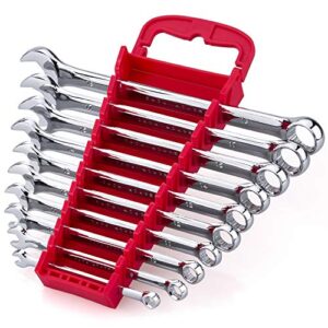 efficere 10-piece premium combination wrench set, chrome vanadium steel, long pattern design | includes metric sizes 6, 8, 10, 11, 12, 13, 14, 15, 17, 19mm with storage rack organizer