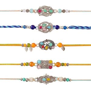 eximious india set of 5 rakhi for brother with card metal pendant for raksha bandhan designer rakhi thread for bhaiya (set of 5-1)