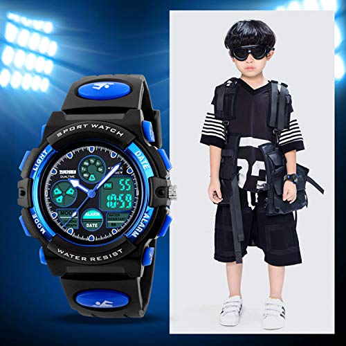 Dayllon Boys Digital Watch Outdoor Sports 50M Waterproof Electronic Watches Alarm Clock 12/24 H Stopwatch Calendar Wristwatch - Black Blue