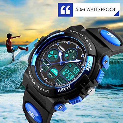 Dayllon Boys Digital Watch Outdoor Sports 50M Waterproof Electronic Watches Alarm Clock 12/24 H Stopwatch Calendar Wristwatch - Black Blue