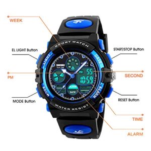 Dayllon Boys Digital Watch Outdoor Sports 50M Waterproof Electronic Watches Alarm Clock 12/24 H Stopwatch Calendar Wristwatch - Black Blue