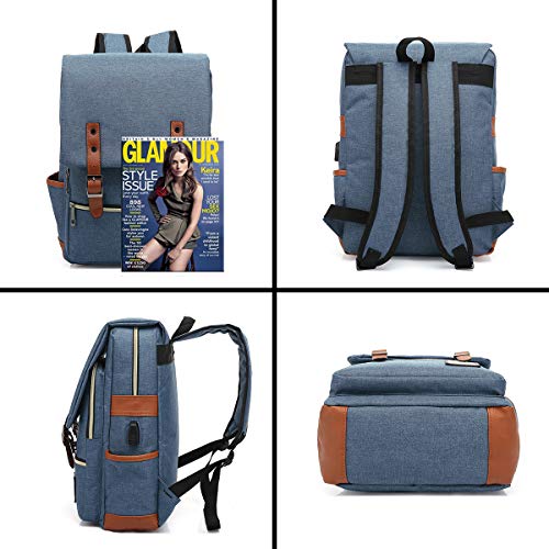 UGRACE Vintage Laptop Backpack with USB Charging Port, Elegant Water Resistant Travelling Backpack Casual Daypacks College Shoulder Bag for Men Women, Fits up to 15.6Inch Laptop in Blue