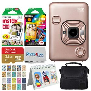 fujifilm instax mini liplay hybrid instant camera (blush gold) + instant film (20 shots) + rainbow film (10 shots) + 32gb microsdhc + case + scrapbooking album + 20 sticker frames travel package