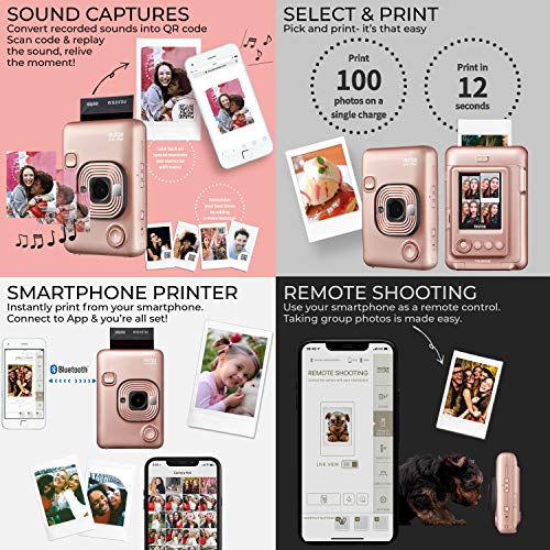 Fujifilm Instax Mini LiPlay Hybrid Instant Camera (Blush Gold) + Instant Film (20 Shots) + Rainbow Film (10 Shots) + 32GB microSDHC + Case + Scrapbooking Album + 20 Sticker Frames Travel Package