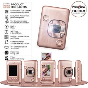 Fujifilm Instax Mini LiPlay Hybrid Instant Camera (Blush Gold) + Instant Film (20 Shots) + Rainbow Film (10 Shots) + 32GB microSDHC + Case + Scrapbooking Album + 20 Sticker Frames Travel Package