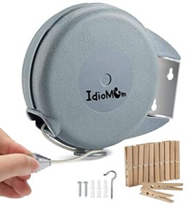 idiomum retractable clothesline 40 feet - indoor outdoor heavy duty - pvc clothes line retracting - clothesline with wall mount - retractable laundry line for drying clothes with 12 clothespins