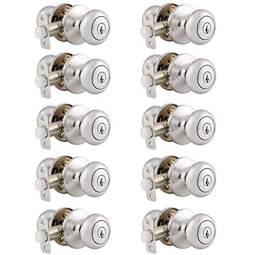 Probrico Entry Door Knob, Entrance Door Knobs Door Lock Set (10 Pack) (Keyed Alike, Combo Pack),Stainless Steel Door Handle for Interior/Exterior/Office/Front Door Use,Satin Nickel Finish