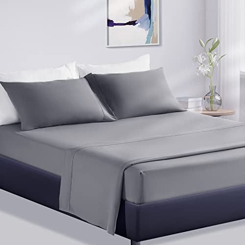 SLEEP ZONE Super Soft Cooling Queen Bed Sheets Set 4 Piece - Easy Care Fitted Flat Sheet & Pillowcase Sets - Wrinkle Free, Fade Resistant, Deep Pocket 16" (Gray, Queen)