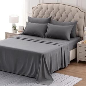 SLEEP ZONE Super Soft Cooling Queen Bed Sheets Set 4 Piece - Easy Care Fitted Flat Sheet & Pillowcase Sets - Wrinkle Free, Fade Resistant, Deep Pocket 16" (Gray, Queen)