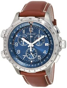 hamilton watch khaki aviation x-wind gmt swiss chronograph quartz watch 46mm case, blue dial, brown leather strap (model: h77922541)