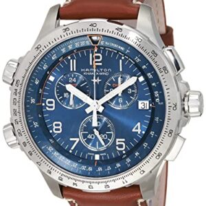 Hamilton Watch Khaki Aviation X-Wind GMT Swiss Chronograph Quartz Watch 46mm Case, Blue Dial, Brown Leather Strap (Model: H77922541)