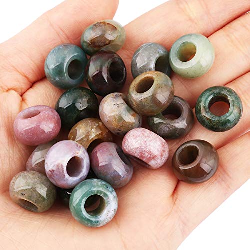 SUNYIK Natural Indian Agate European Bead for Charm Bracelet, Wholesale Loose Gemstone Big Hole (6mm) Beads for Jewelry Making, 14x8mm, Pack of 30