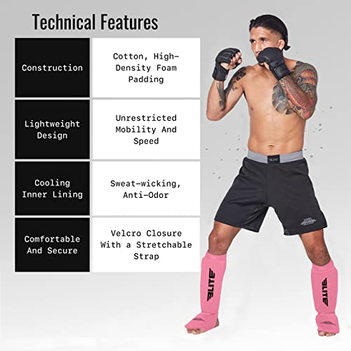 Muay Thai MMA Kickboxing shin Guards, Elite Sports Instep Guard Protective Leg shin Kick Pads for Kids and Adults (S-M, Pink)