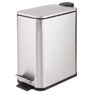 mdesign slim metal rectangle 1.3 gallon/5 liter trash can with step pedal, easy-close lid, removable liner - narrow wastebasket garbage container bin for bathroom, bedroom - brushed stainless steel