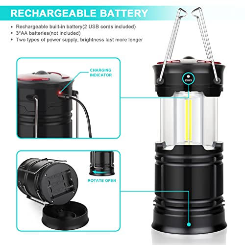 2 Pack Camping Lanterns Camping Accessories USB Rechargeable and Battery Powered 2-in-1 LED Lanterns, Hurricane Lights with Flashlight and Magnet Base for Camping, Hiking, Emergency, Outage