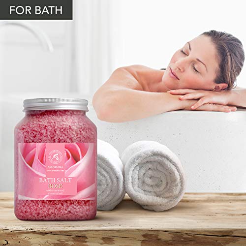 Rose Bath Salts 46 Oz - Natural Rosewood Oil & Rose Extract - Best for Relaxing - Good Sleep - Beauty - Bathing - Body Care - Wellness - Relax - Aromatherapy - Spa