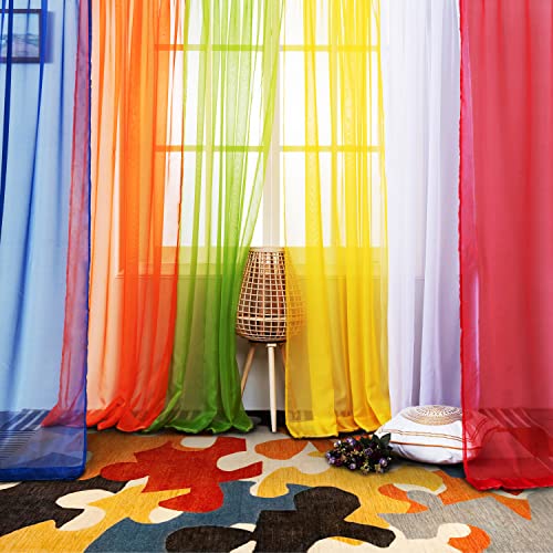 WPM 6 Piece Rainbow Sheer Window Panel Colorful Backdrop Bright Curtains Set for Playroom, Nurseries, Bedroom Lime, Orange, Red, White, Bright Yellow, Navy Drapes Kids (84" Long)