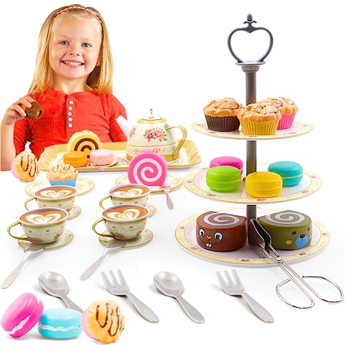 Tea Set for Little Girls Toys for 3-5 Years Old Girls Pretend Play Kids Tea Party Set with Cake Stand, Desserts Fun Princess Tea Time with Dolls, Barbies Birthday Gift for Girls Toys Age 3+ Year Old