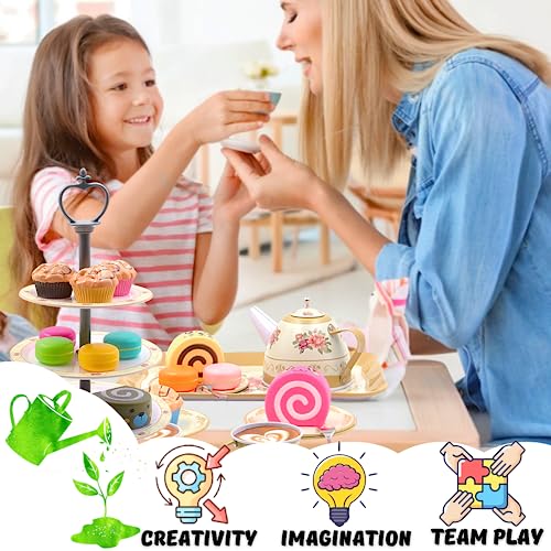 Tea Set for Little Girls Toys for 3-5 Years Old Girls Pretend Play Kids Tea Party Set with Cake Stand, Desserts Fun Princess Tea Time with Dolls, Barbies Birthday Gift for Girls Toys Age 3+ Year Old