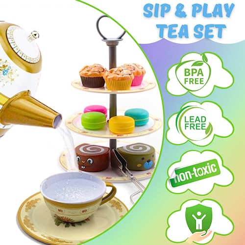 Tea Set for Little Girls Toys for 3-5 Years Old Girls Pretend Play Kids Tea Party Set with Cake Stand, Desserts Fun Princess Tea Time with Dolls, Barbies Birthday Gift for Girls Toys Age 3+ Year Old