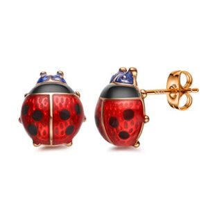 stud earrings, red ladybug black spots 18k gold plated 925 sterling silver post stud earrings for women and girl