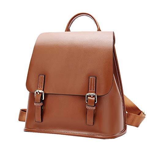 HESHE Women’s Leather Backpack Casual Daypack Style Flap Backpacks for Ladies (Brown)