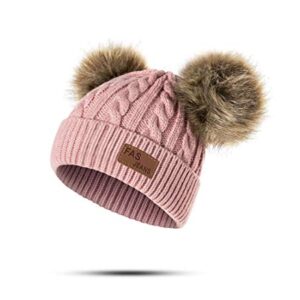 Infant Toddler Baby Knitting Woolen Hat Warm Winter Pure Color Double Pom Pom Boys Girls Beanie Cap (1-3 Years Old, A-Dark Pink)