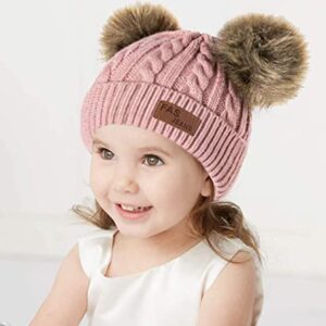 Infant Toddler Baby Knitting Woolen Hat Warm Winter Pure Color Double Pom Pom Boys Girls Beanie Cap (1-3 Years Old, A-Dark Pink)