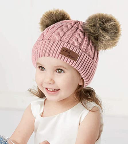 Infant Toddler Baby Knitting Woolen Hat Warm Winter Pure Color Double Pom Pom Boys Girls Beanie Cap (1-3 Years Old, A-Dark Pink)