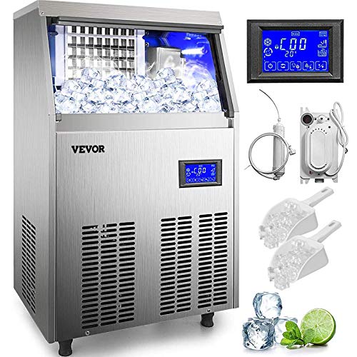 VEVOR Commercial Ice Maker Machine, 80-90LBS/24H 33LBS Bin, Upgrade Stainless Steel Commercial Ice Machine for Home Bar Resaturant, Include Electric Water Drain Pump/Water Filter/ 2 Scoops