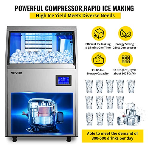 VEVOR Commercial Ice Maker Machine, 80-90LBS/24H 33LBS Bin, Upgrade Stainless Steel Commercial Ice Machine for Home Bar Resaturant, Include Electric Water Drain Pump/Water Filter/ 2 Scoops