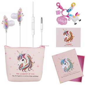 dtmnep unicorn gifts earbuds earphones for girls kids compatible with apple android with unicorn key chain, headphone bag, gift card, gift box, and back to school supply for kids