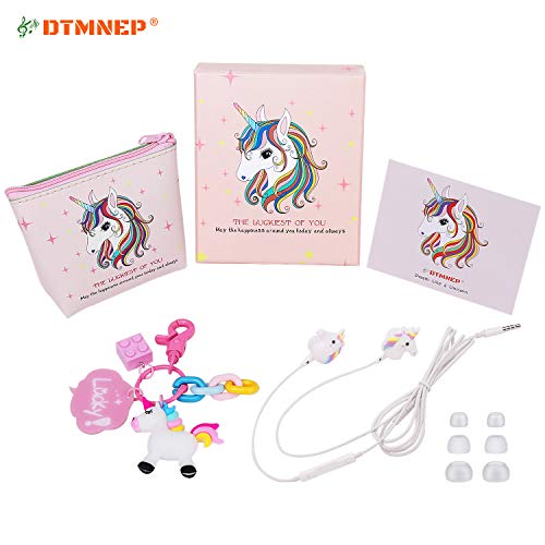 DTMNEP Unicorn Gifts Earbuds Earphones for Girls Kids Compatible with Apple Android with Unicorn Key Chain, Headphone Bag, Gift Card, Gift Box, and Back to School Supply for Kids