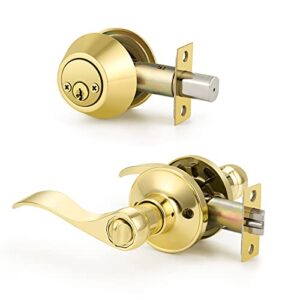 keyed alike front door entry lever with double cylinder deadbolts,polished brass,exterior entrance lever door handle,wave shape door lock gold,interior door handle set for front/back gate