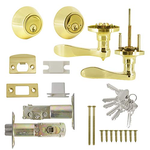 Keyed Alike Front Door Entry Lever with Double Cylinder Deadbolts,Polished Brass,Exterior Entrance Lever Door Handle,Wave Shape Door Lock Gold,Interior Door Handle Set for Front/Back Gate