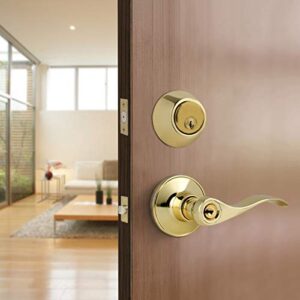 Keyed Alike Front Door Entry Lever with Double Cylinder Deadbolts,Polished Brass,Exterior Entrance Lever Door Handle,Wave Shape Door Lock Gold,Interior Door Handle Set for Front/Back Gate