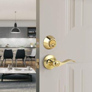 Keyed Alike Front Door Entry Lever with Double Cylinder Deadbolts,Polished Brass,Exterior Entrance Lever Door Handle,Wave Shape Door Lock Gold,Interior Door Handle Set for Front/Back Gate