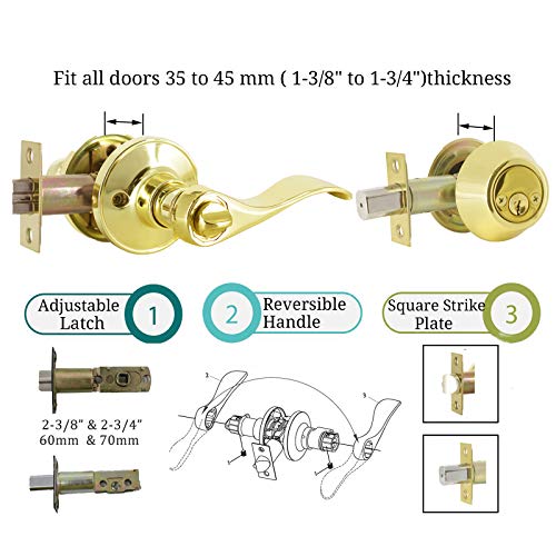 Keyed Alike Front Door Entry Lever with Double Cylinder Deadbolts,Polished Brass,Exterior Entrance Lever Door Handle,Wave Shape Door Lock Gold,Interior Door Handle Set for Front/Back Gate