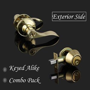 Keyed Alike Front Door Entry Lever with Double Cylinder Deadbolts,Polished Brass,Exterior Entrance Lever Door Handle,Wave Shape Door Lock Gold,Interior Door Handle Set for Front/Back Gate