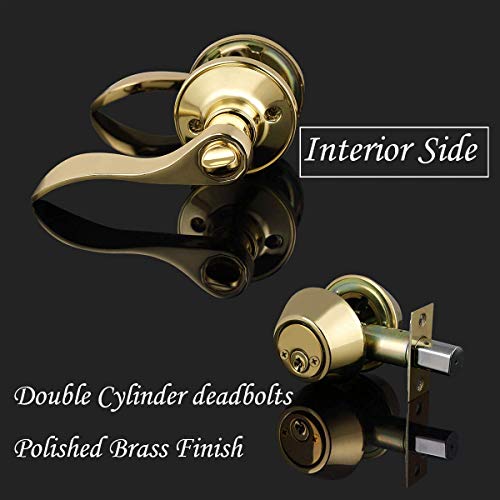 Keyed Alike Front Door Entry Lever with Double Cylinder Deadbolts,Polished Brass,Exterior Entrance Lever Door Handle,Wave Shape Door Lock Gold,Interior Door Handle Set for Front/Back Gate