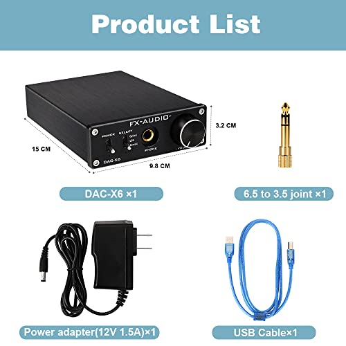 FX-Audio DAC-X6 Mini HiFi 2.0 Digital Audio Decoder DAC Input USB/Coaxial/Optical Output RCA/Headphone Amp 24Bit/96KHz DC12V (Black)