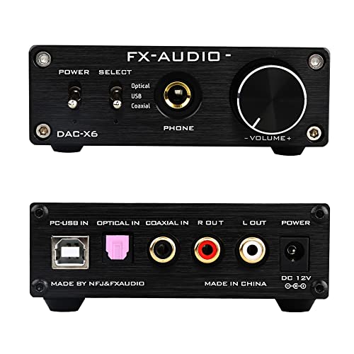 FX-Audio DAC-X6 Mini HiFi 2.0 Digital Audio Decoder DAC Input USB/Coaxial/Optical Output RCA/Headphone Amp 24Bit/96KHz DC12V (Black)