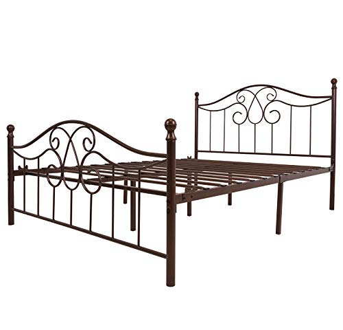 YALAXON Vintage Sturdy Metal Bed Frame with Headboard and Footboard Basic Bed Frame No Box Spring (Queen, Antique Brown)