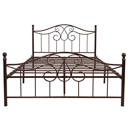 YALAXON Vintage Sturdy Metal Bed Frame with Headboard and Footboard Basic Bed Frame No Box Spring (Queen, Antique Brown)