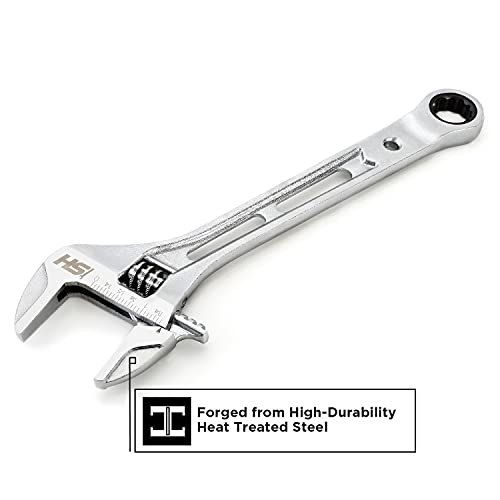 STEELHEAD 10” Wide-Mouth Adjustable Wrench w/Integrated 72-Tooth 12-Point 17mm Ratcheting End, 72-Tooth Gearing