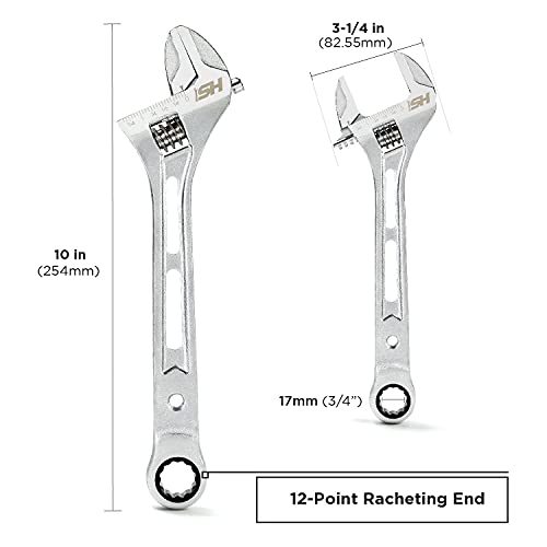 STEELHEAD 10” Wide-Mouth Adjustable Wrench w/Integrated 72-Tooth 12-Point 17mm Ratcheting End, 72-Tooth Gearing