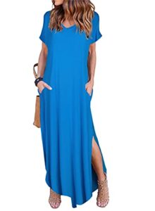 arolina women's summer maxi dress short sleeve v neck casual loose long beach split dresses with pockets acid blue